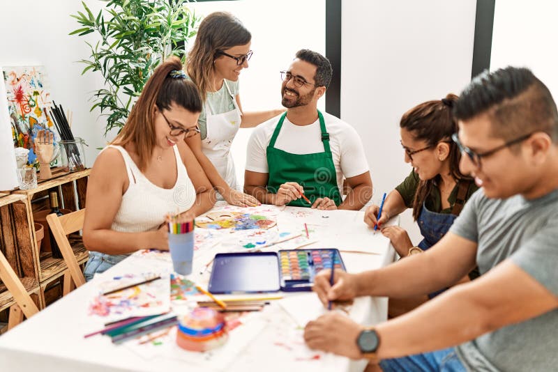 Group of Draw Students Sitting on the Table Drawing at Art Studio Stock ...