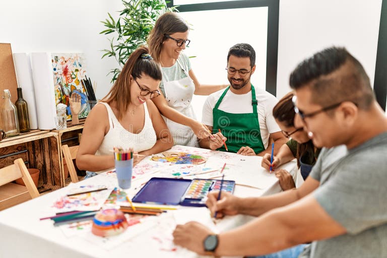Group of Draw Students Sitting on the Table Drawing at Art Studio Stock ...