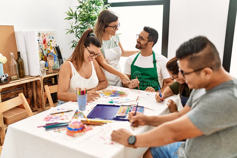 Group of Draw Students Sitting on the Table Drawing at Art Studio Stock ...