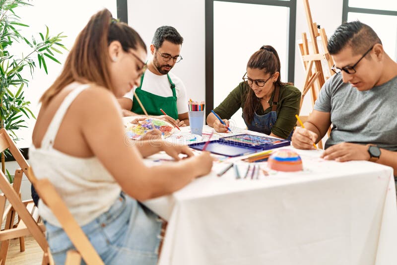 Group of Draw Students Sitting on the Table Drawing at Art Studio Stock ...