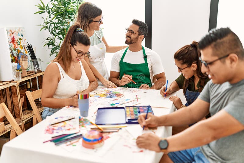 Group of Draw Students Sitting on the Table Drawing at Art Studio Stock ...