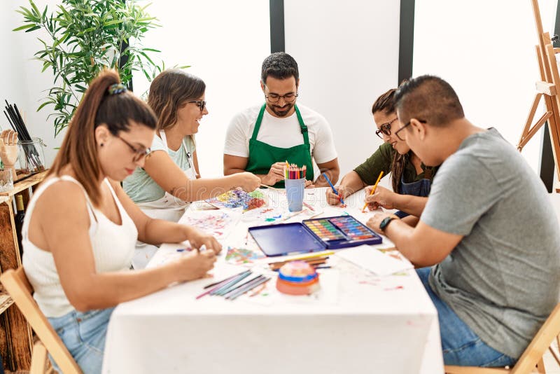 Group of Draw Students Sitting on the Table Drawing at Art Studio Stock ...