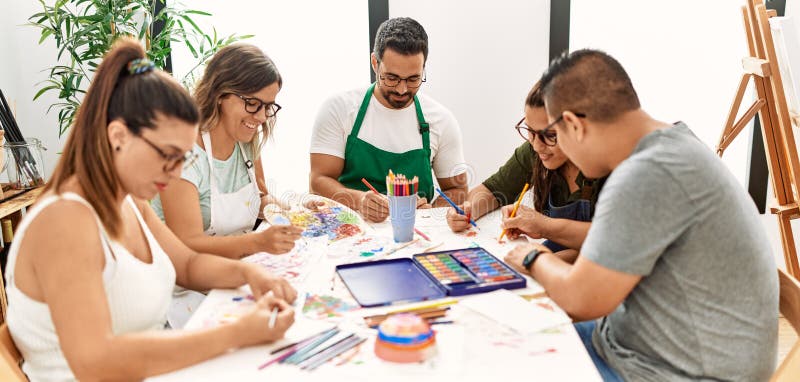 Group of Draw Students Sitting on the Table Drawing at Art Studio Stock ...