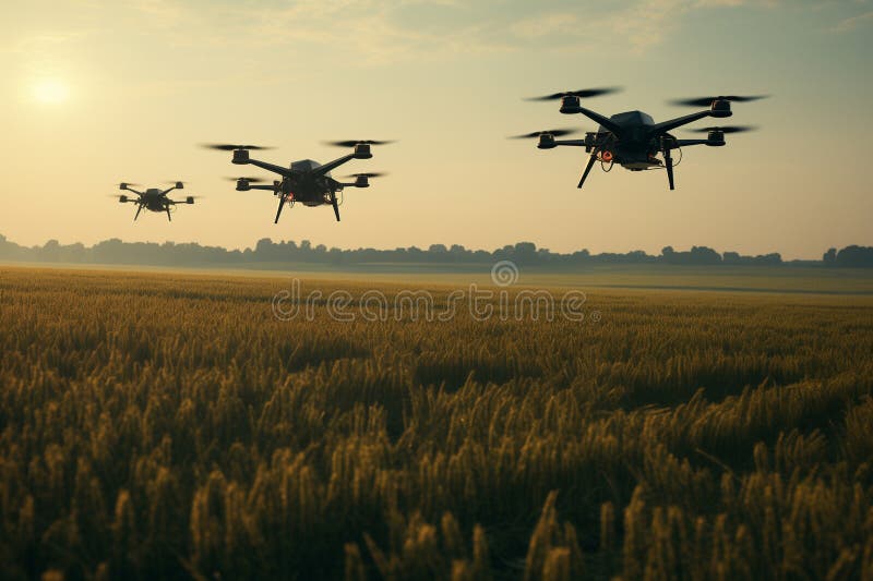 Group of Drones Flies Low Over a Field Stock Illustration ...