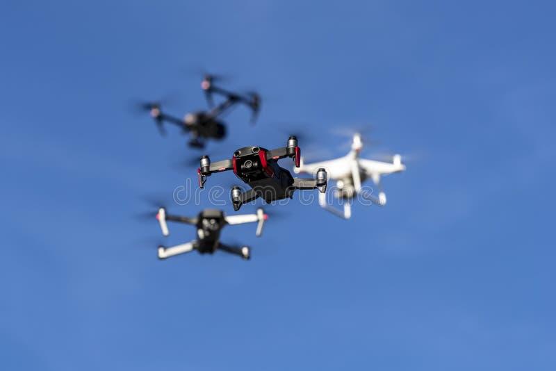 Group of Drones Approaching the Airport Control Tower Stock Image ...