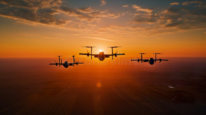 A Group of Drones Flying in the Air at Sunset. AI Generative Image ... A Group of Drones Flying in the Air at Sunset. AI Generative Image ...
