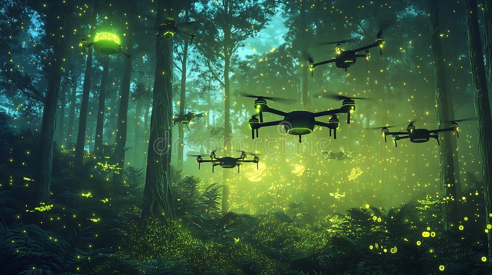 A Group of Drones Flying through a Forest at Night Stock Image - Image ...