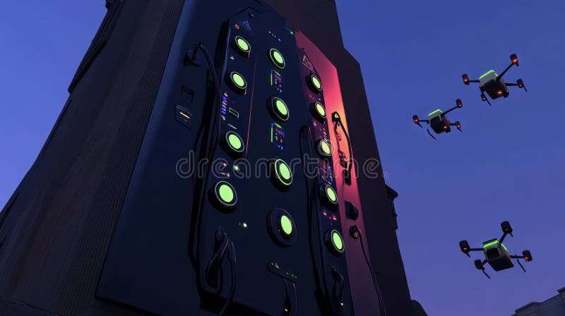 A Group of Drones Flying Over a Building with a Large Green Button ...