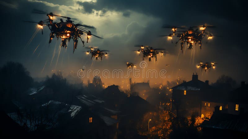 A Group of Drones are Flying Over a City at Night Stock Image - Image ...