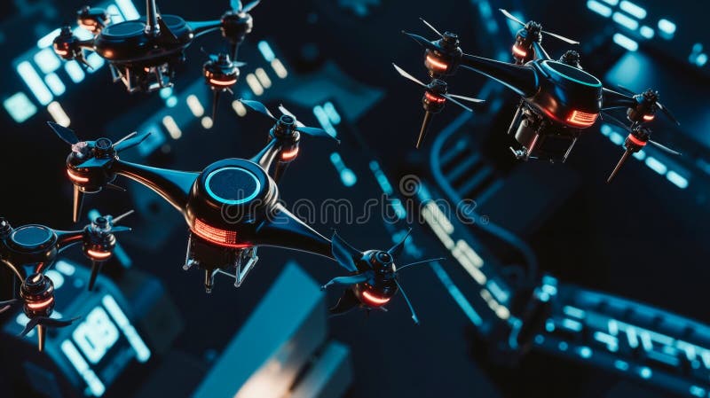 A Group of Drones Flying Over a City at Night Stock Image - Image of ...
