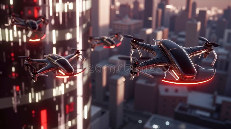 A Group of Drones Flying Over a City at Night Stock Image - Image of ...