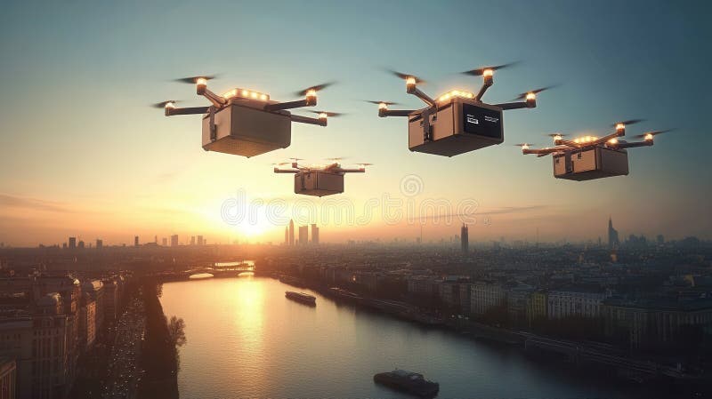 A Group of Drones Flying Over a City at Sunset. the Drones are Shaped ...