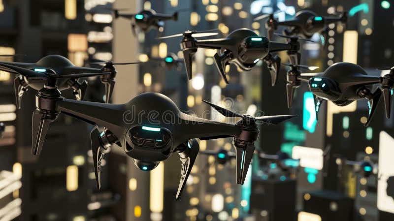 A Group of Drones Flying Over a City at Night Stock Photo - Image of ...