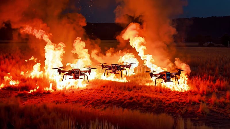 A Group of Drones Flying Over a Field of Fire Stock Footage - Video of ...