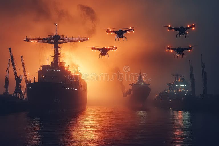Group of Drones are Flying Over a Large Ship in the Ocean Stock Image ...