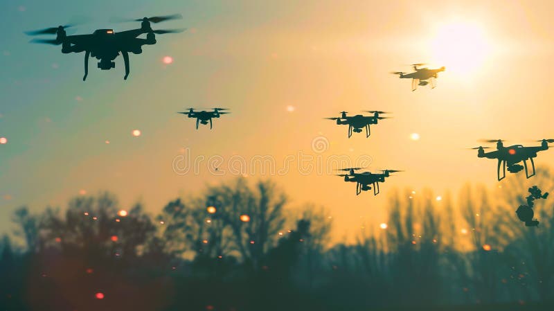 A Group of Drones Flying in the Sky Stock Image - Image of transport ...