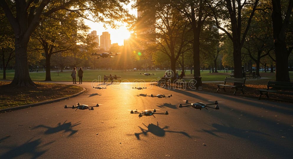 A Group of Drones Hover Over a Sunlit Path in a Park, Casting Shadows ...