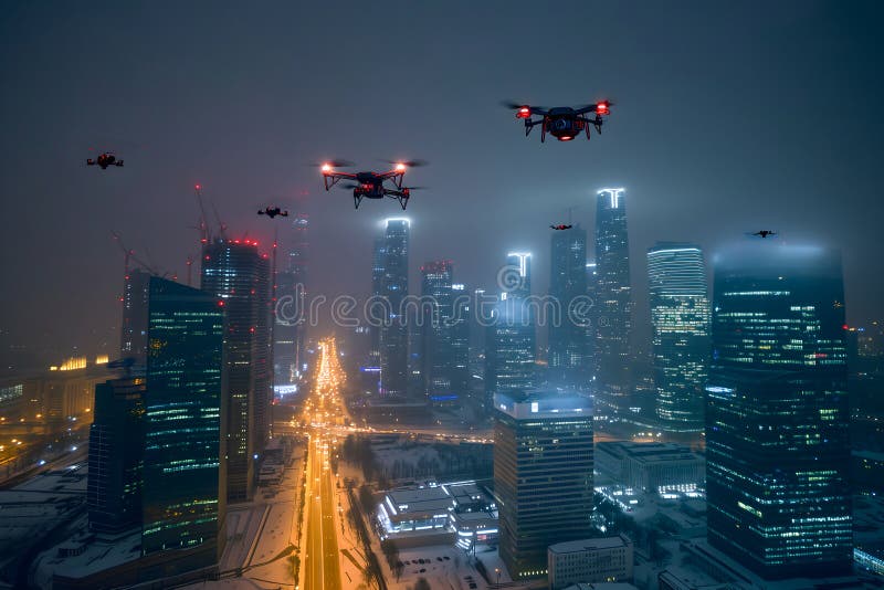 Group of Drones Over City at Snowy Winter Night Stock Image - Image of ...