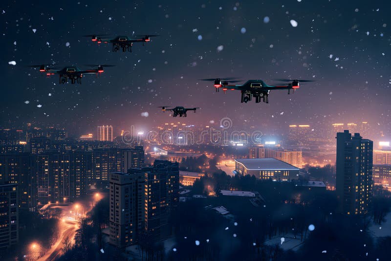 Group of Drones Over City at Snowy Winter Night Stock Image - Image of ...
