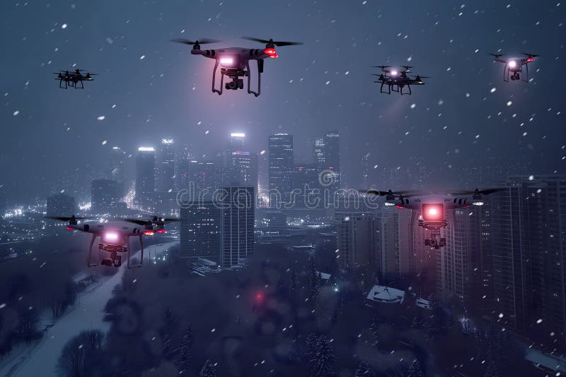 Group of Drones Over City at Snowy Winter Night Stock Image - Image of ...