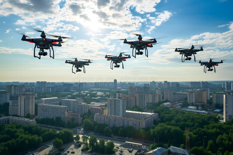 Group of Drones Over City at Summer Day Stock Photo - Image of summer ...