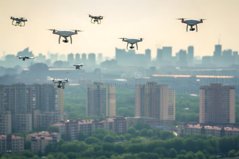 Group of Drones Over City at Summer Morning Stock Photo - Image of high ...