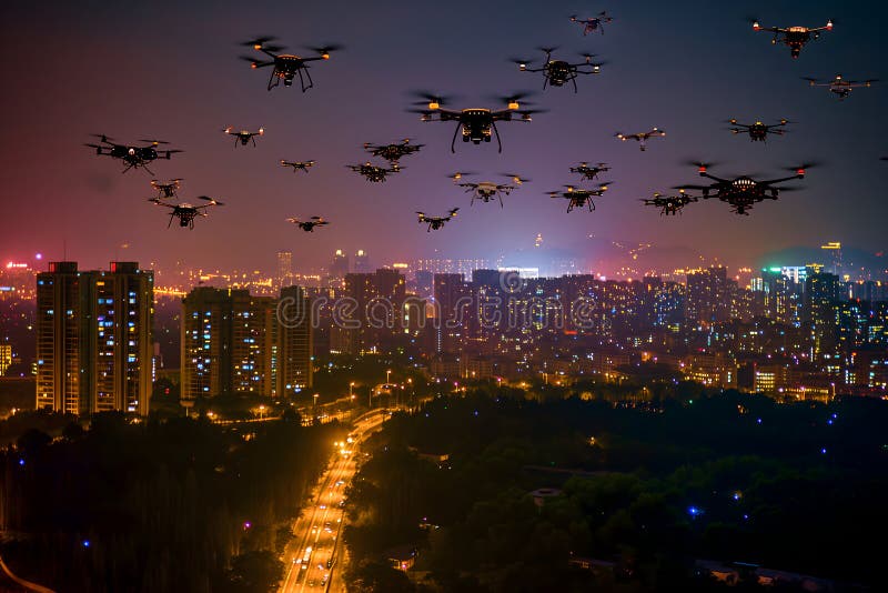 Group of Drones Over City at Summer Night Stock Photo - Image of flying ...