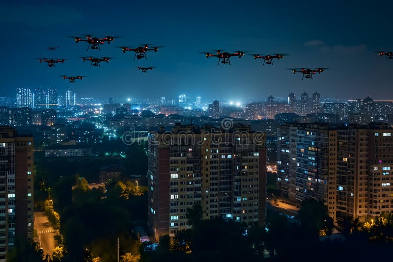 Group of Drones Over City at Summer Night Stock Image - Image of aerial ...