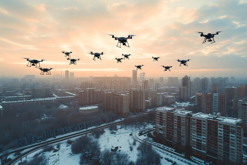 Group of Drones Over City at Winter Morning Stock Photo - Image of ...