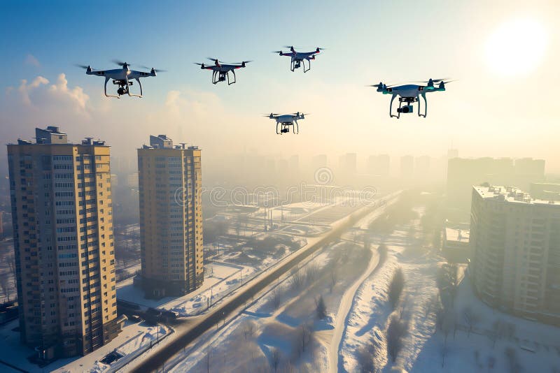 Group of Drones Over City at Winter Morning Stock Photo - Image of ...