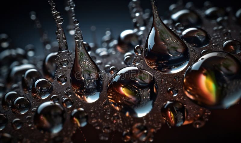 A Group of Drops of Water on a Black Surface with a Black Background ...