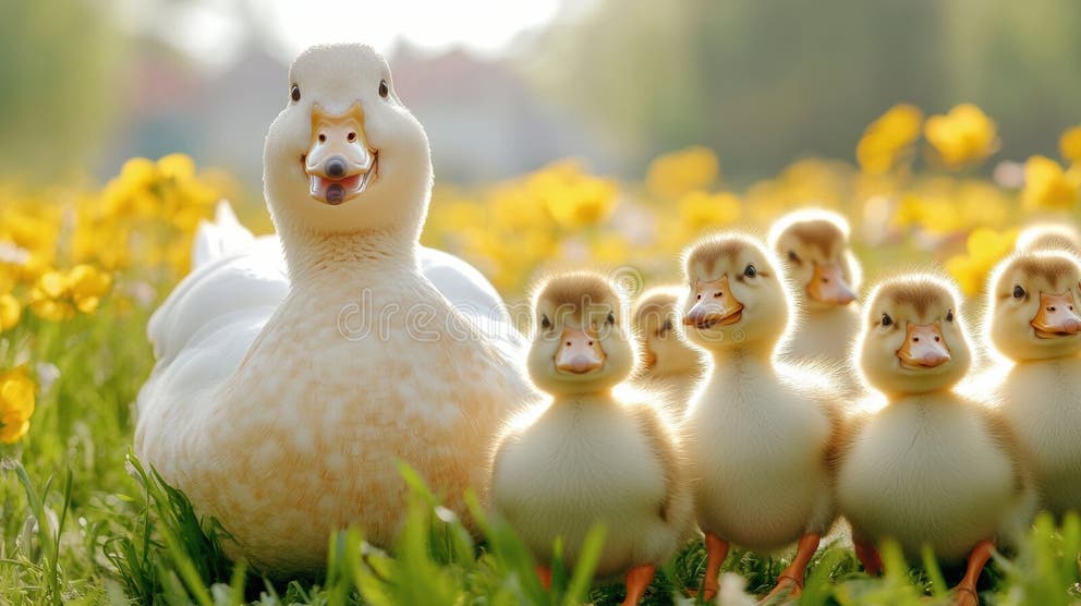 A Group of a Duck and Her Babies in the Grass, AI Stock Image - Image ...