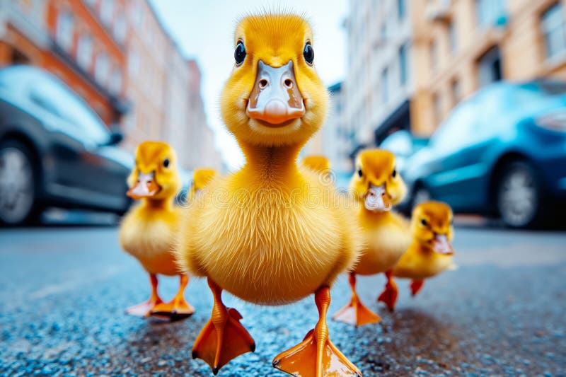 A Group of Ducklings Walking Down a City Street Stock Photo - Image of ...
