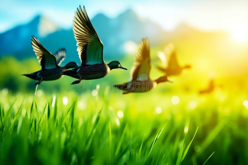 A Group of Ducks Flying Over a Lush Green Field Stock Illustration ...