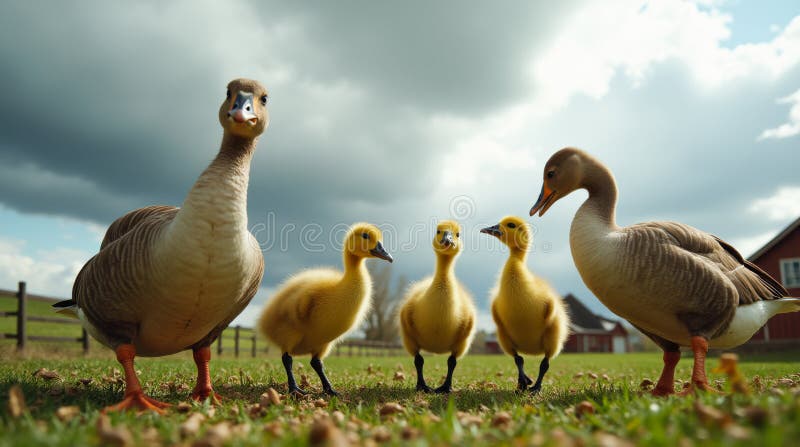 Group of Ducks, Including a Mother Duck and Her Three Ducklings Stock ...