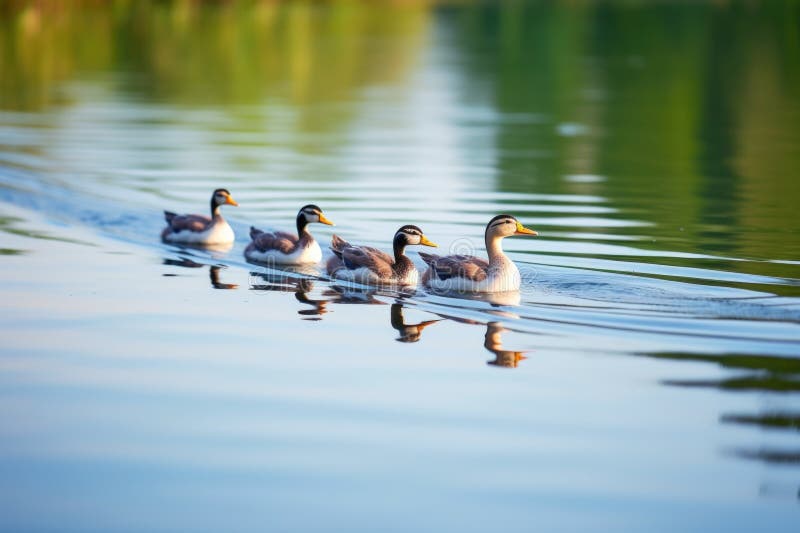 A Group of Ducks Swimming in a Row on a Tranquil Lake Stock Photo ...