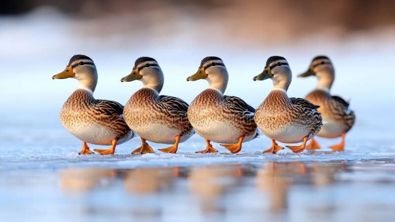 A Group of Ducks Walking on Ice. Stock Image - Image of dark, direction ...