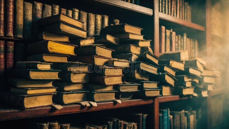 Group of Dusty Antique Books Stacked on the Shelves of an Old Library ...