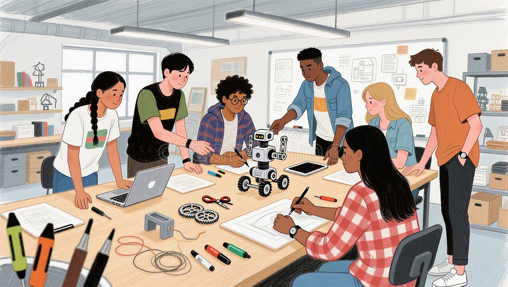 A Group of Eager Students Works Together Stock Illustration - Illustration of teamwork ...