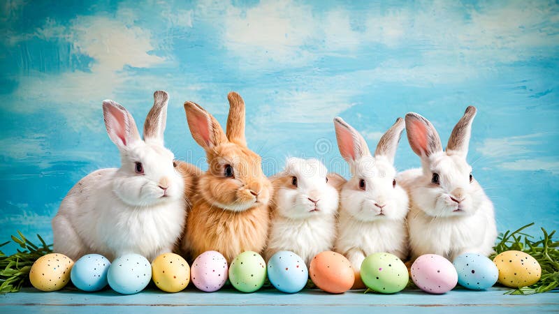 Group of Easter Bunnies with Colorful Eggs on Blue Background Stock ...