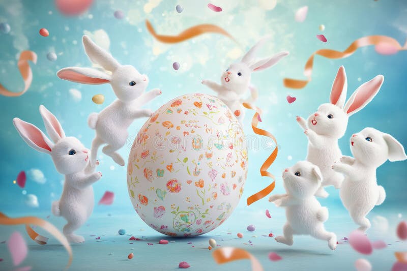 A Group of Easter Bunnies Dancing Around a Giant Decorated Egg ...