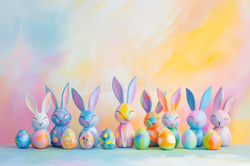 Group Easter Bunnies Painted Abstract Patterns Each Holding Brightly ...