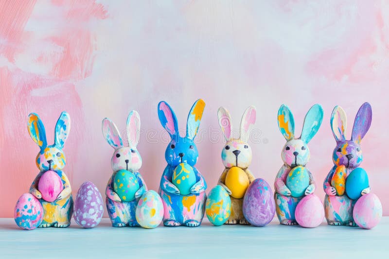 A Group of Easter Bunnies Painted in Abstract Patterns, Each Holding a ...