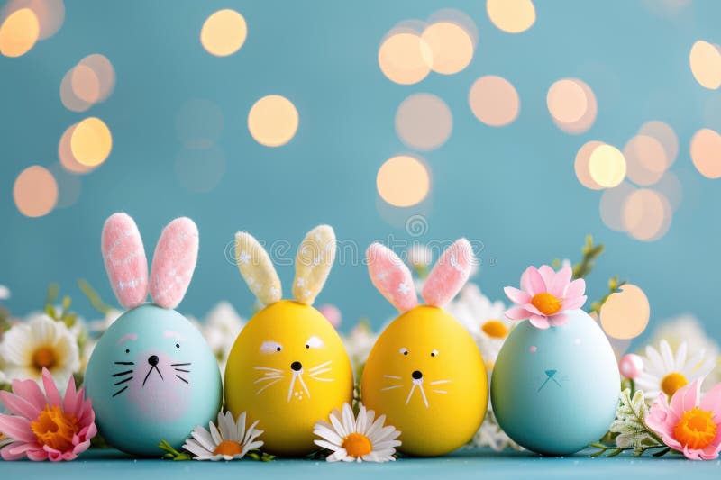 Group of Easter Eggs with Bunny Faces are Arranged on Blue Background ...
