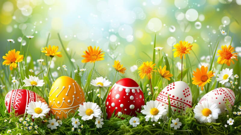 A Group of Easter Eggs and Daisies in a Field, AI Stock Illustration ...