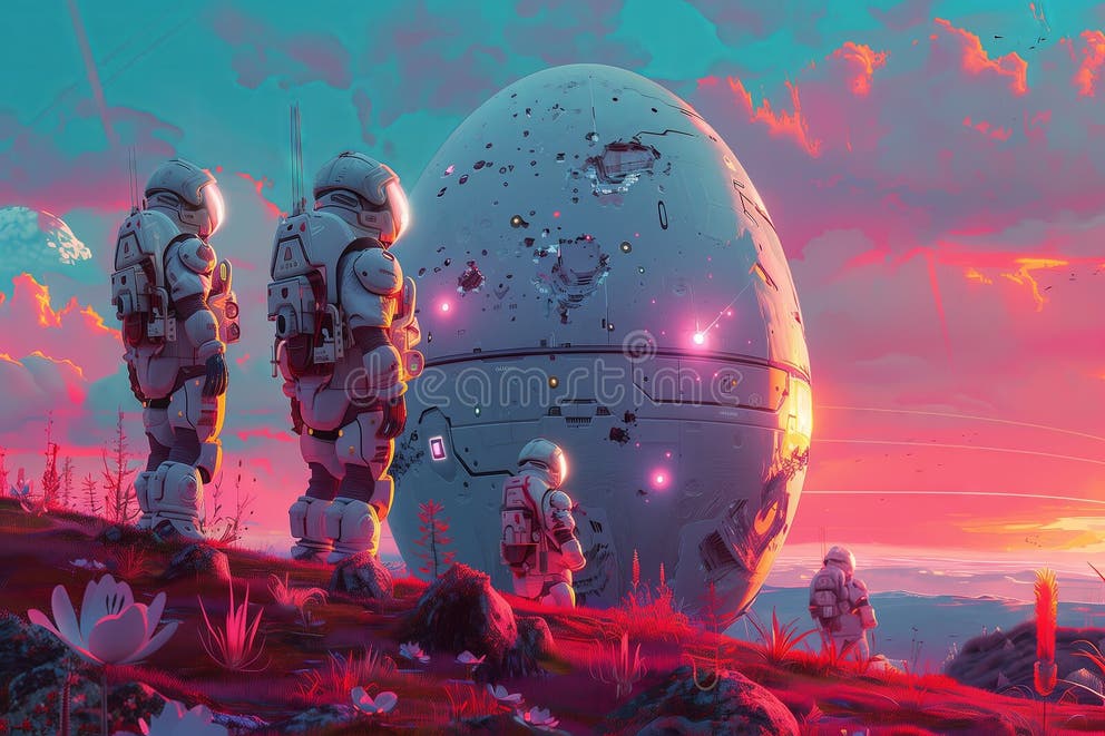 A Group of Easter-themed Robots Adorating a Giant Robot Egg Generative ...