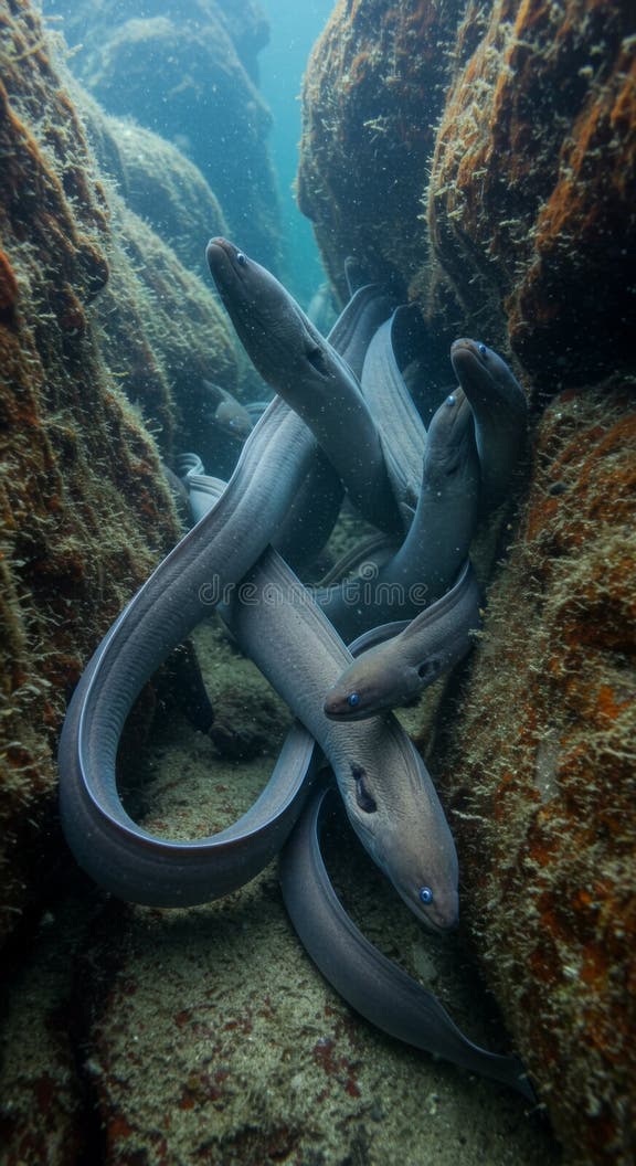 Group of Eels in Dark Underwater Rock Crevice Stock Illustration ...