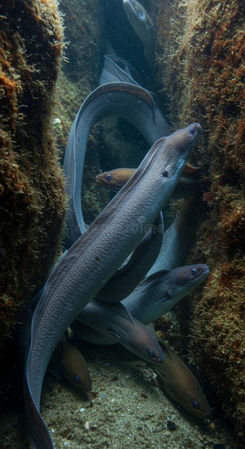 Group of Eels in Underwater Rock Cave Stock Illustration - Illustration ...