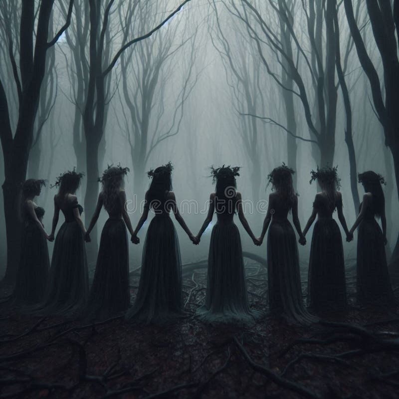A Group of Eight Devils in the Dark Forest. Stock Illustration ...