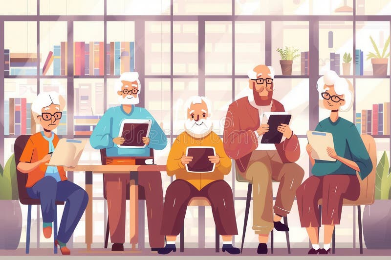 A Group of Elderly Individuals Enjoy Reading Books and Tablets Together ...